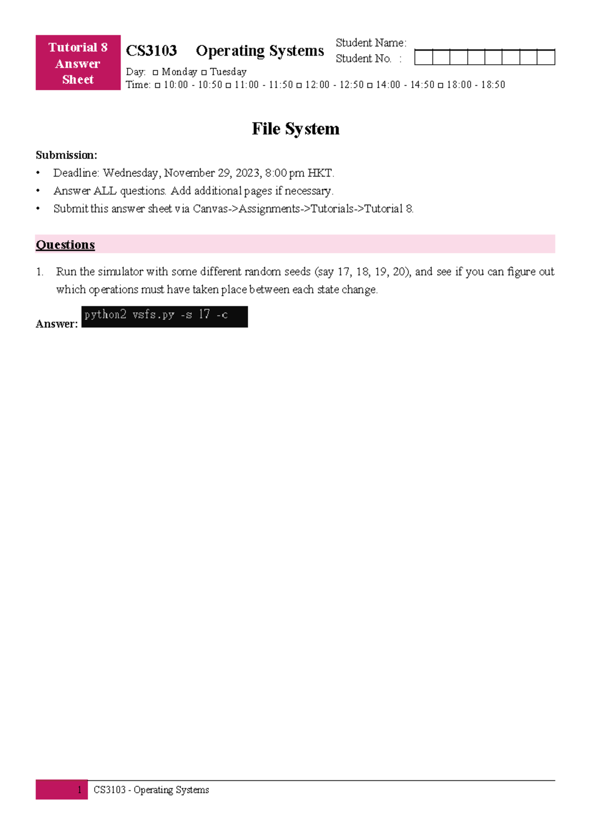 CS3103 Tutorial 8: File System Operations Analysis and Simulator Insights - Studocu