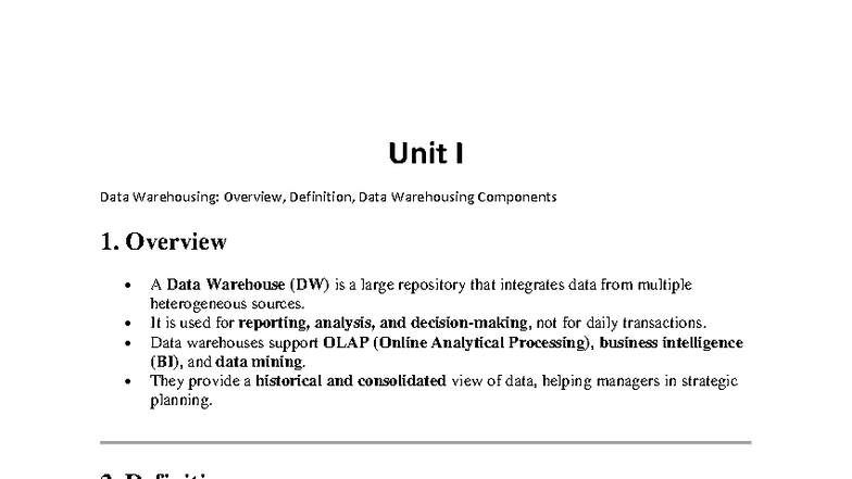 Unit I & II Data Warehousing: Overview, Components, and Architecture ...