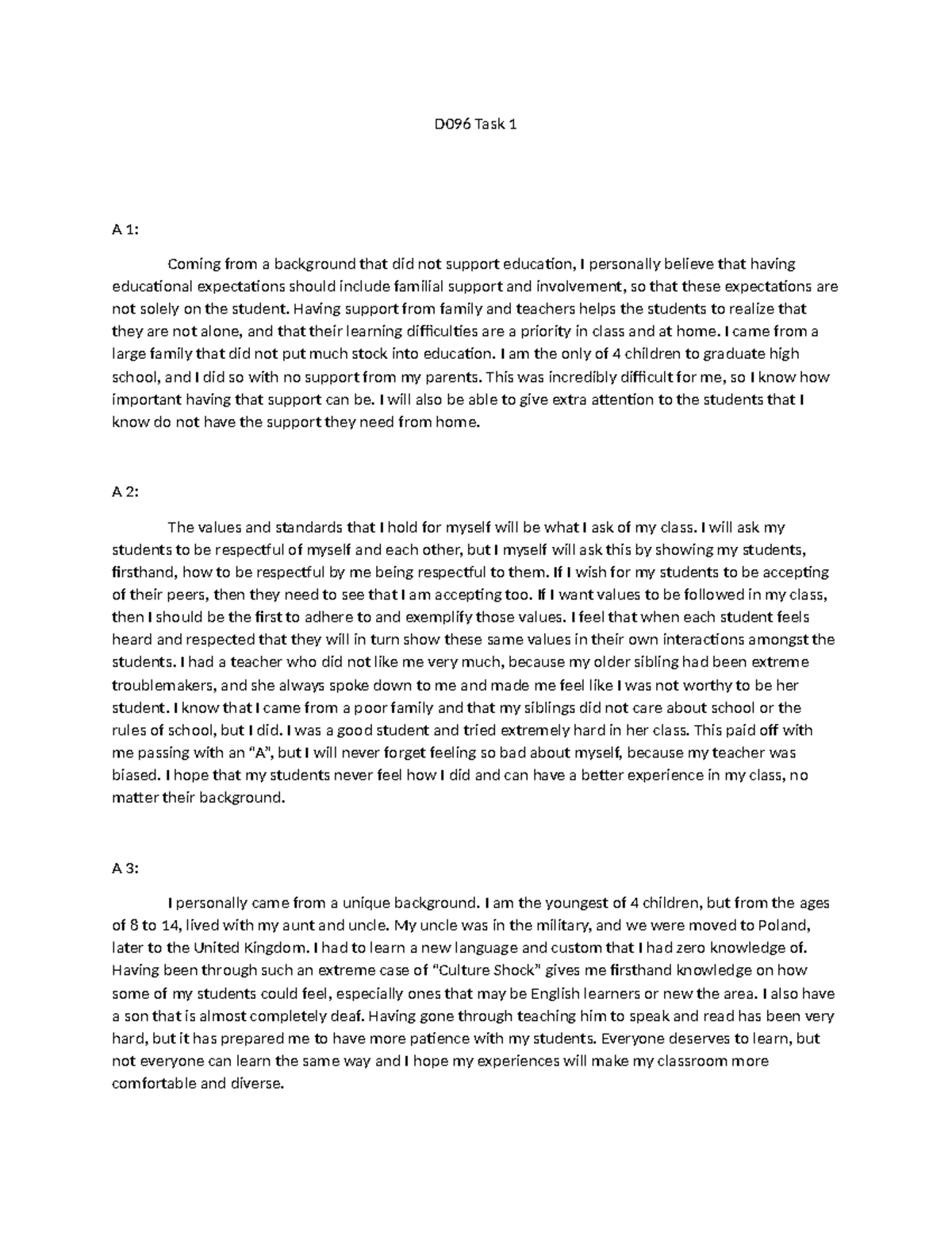 D096 Task 1 - Passed 1st try - D096 Task 1 A 1: Coming from a ...