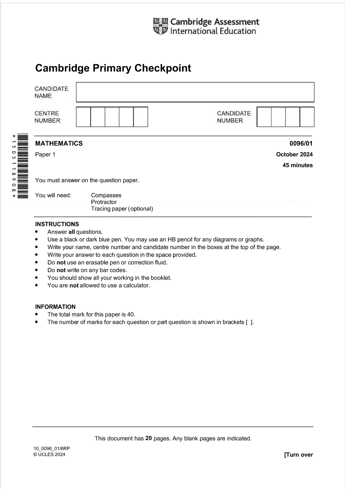 Cambridge Primary Checkpoint Mathematics Paper 1 - Oct 2024 (45 min ...