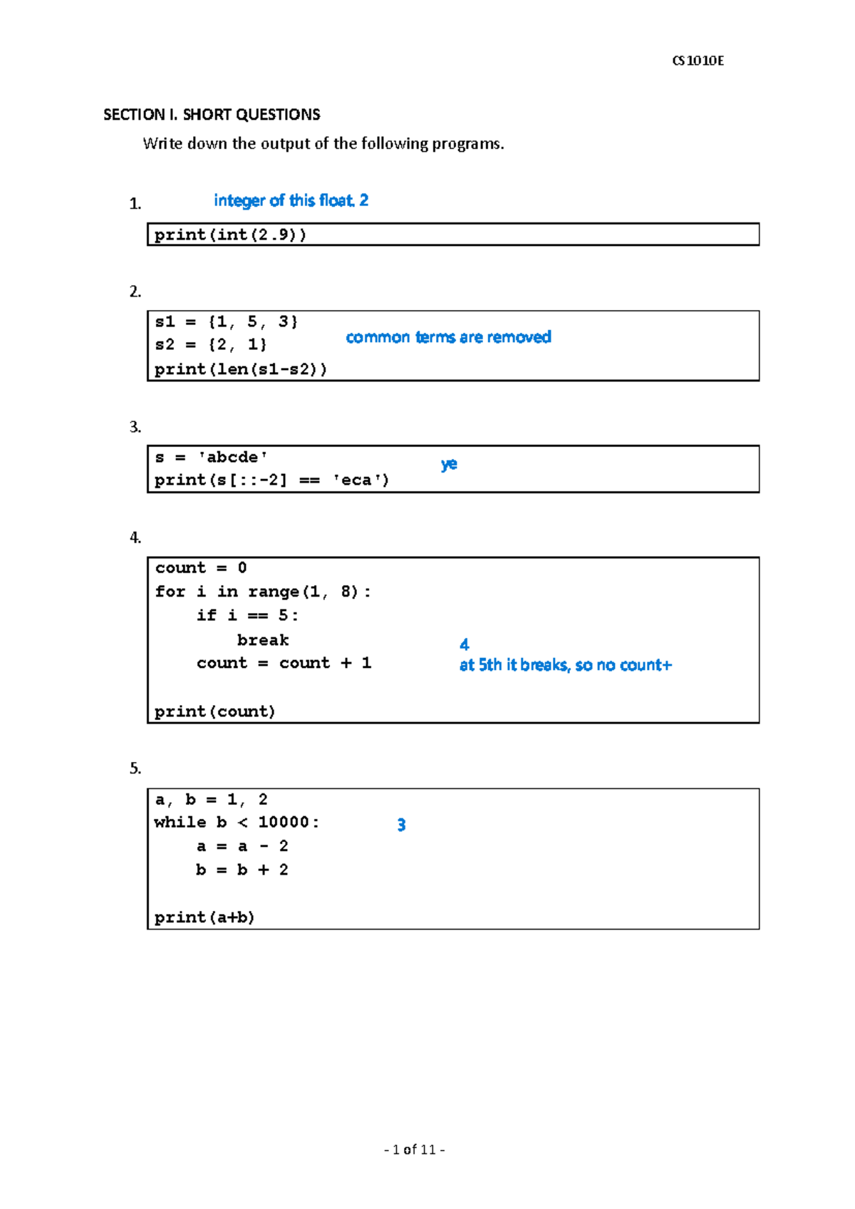 CS1010E Practice Paper 1: Short & MCQ Questions - Studocu