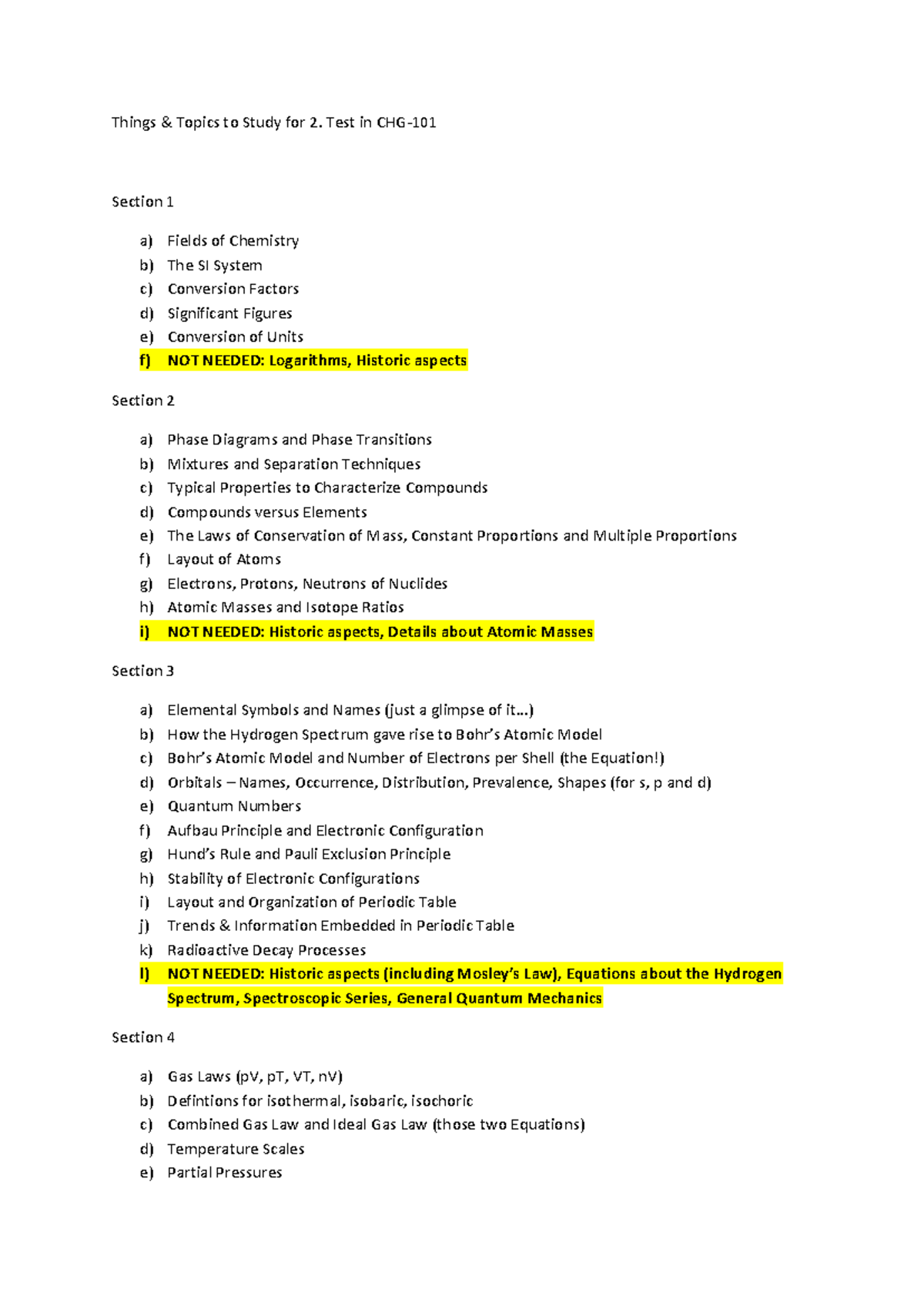 Topics for Second Test CHG101: Key Chemistry Concepts - Studocu