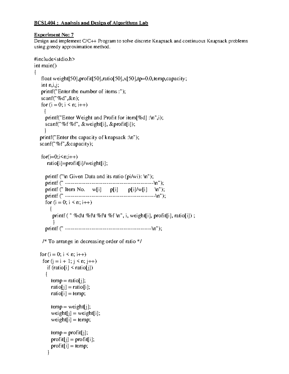 BCSL404 Lab Exp 7: C/C++ Implementation of Greedy Knapsack Algorithm ...