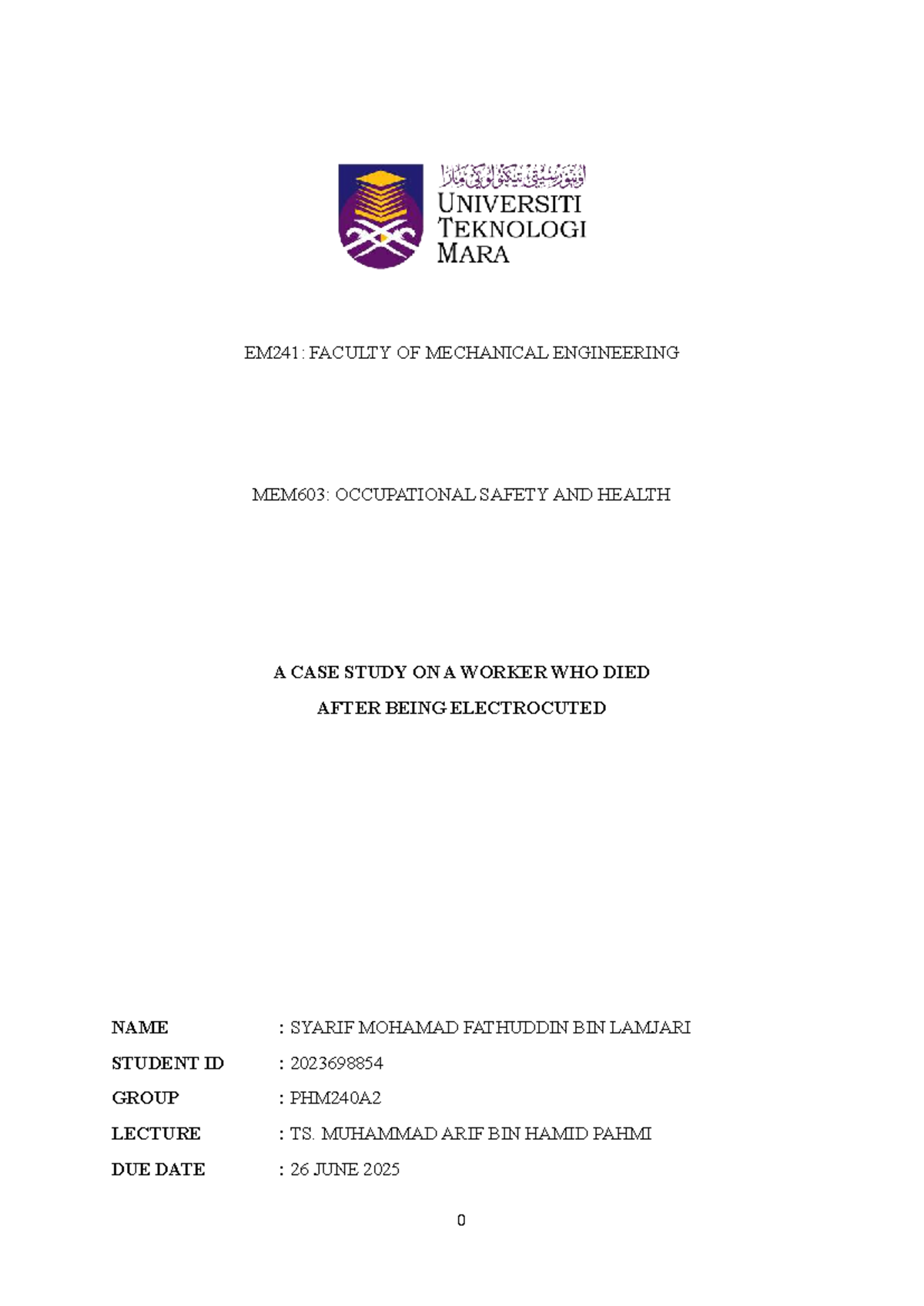 MEM603: Case Study on Fatal Electrocution in Carwash Operations - Studocu