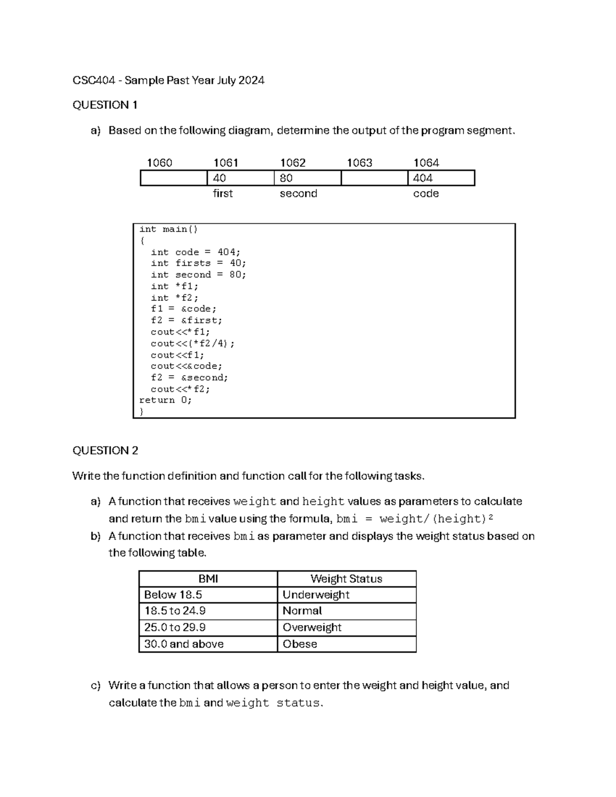 CSC404 Lab 7 - Past Year Review July 2024 Questions and Functions - Studocu