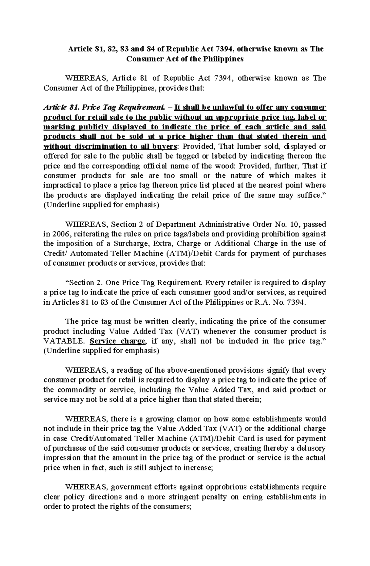 RA 7394: Price Tag Law - Summary of Articles 81 to 84 Notes - Studocu