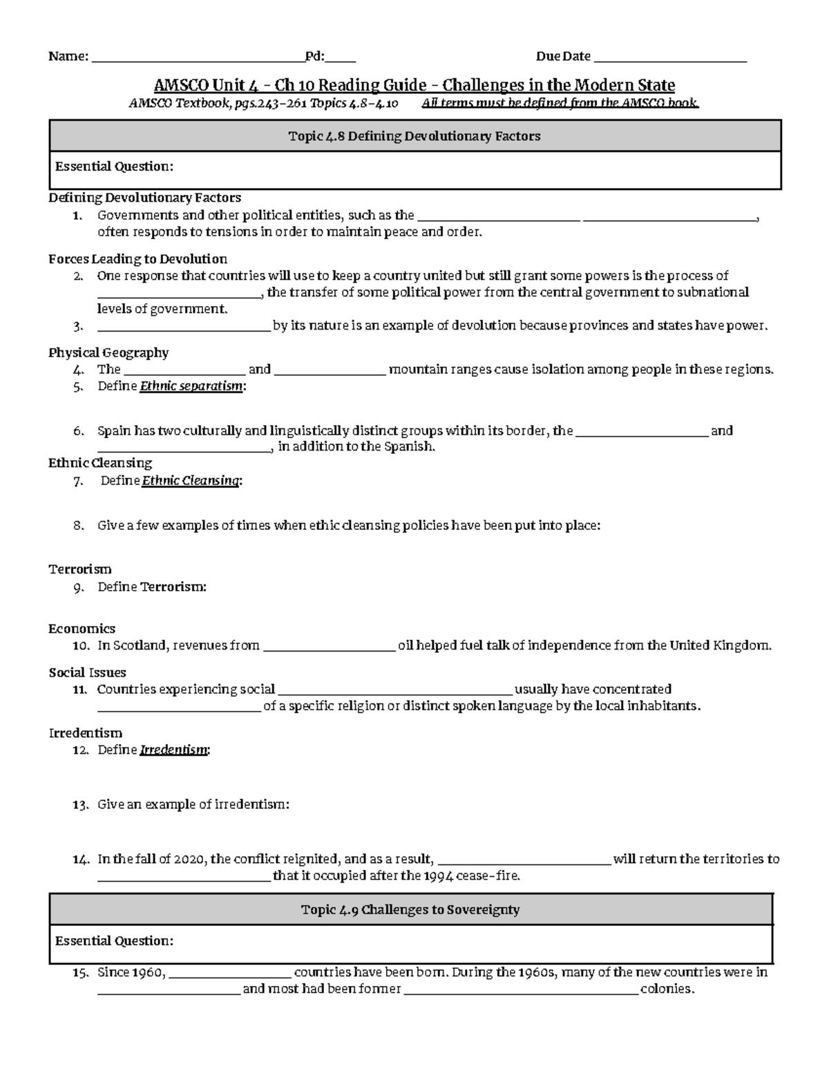 AMSCO Unit 4 - Ch 10 Reading Guide: Modern State Challenges - Studocu