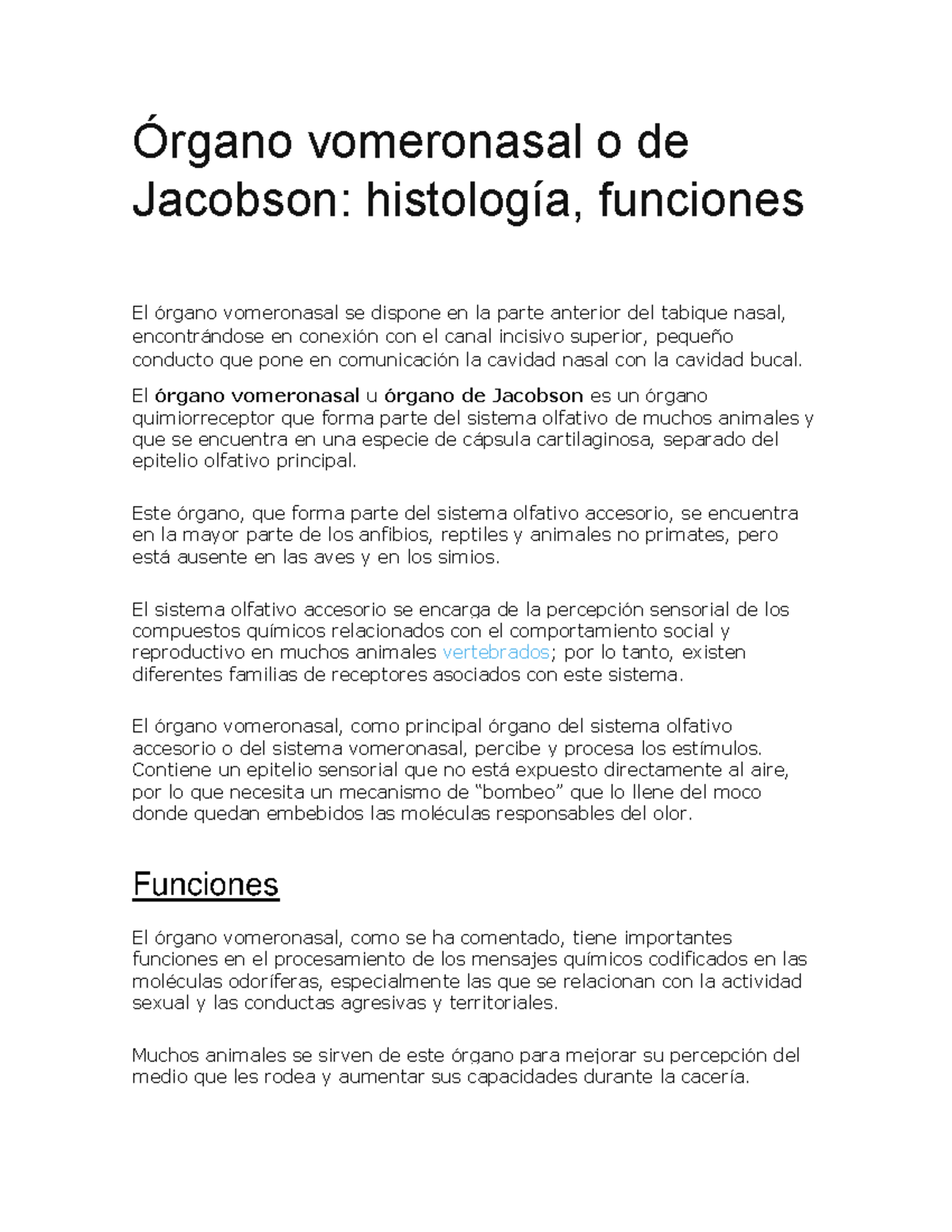 Órgano Vomeronasal de Jacobson: Histología y Funciones en Animales ...