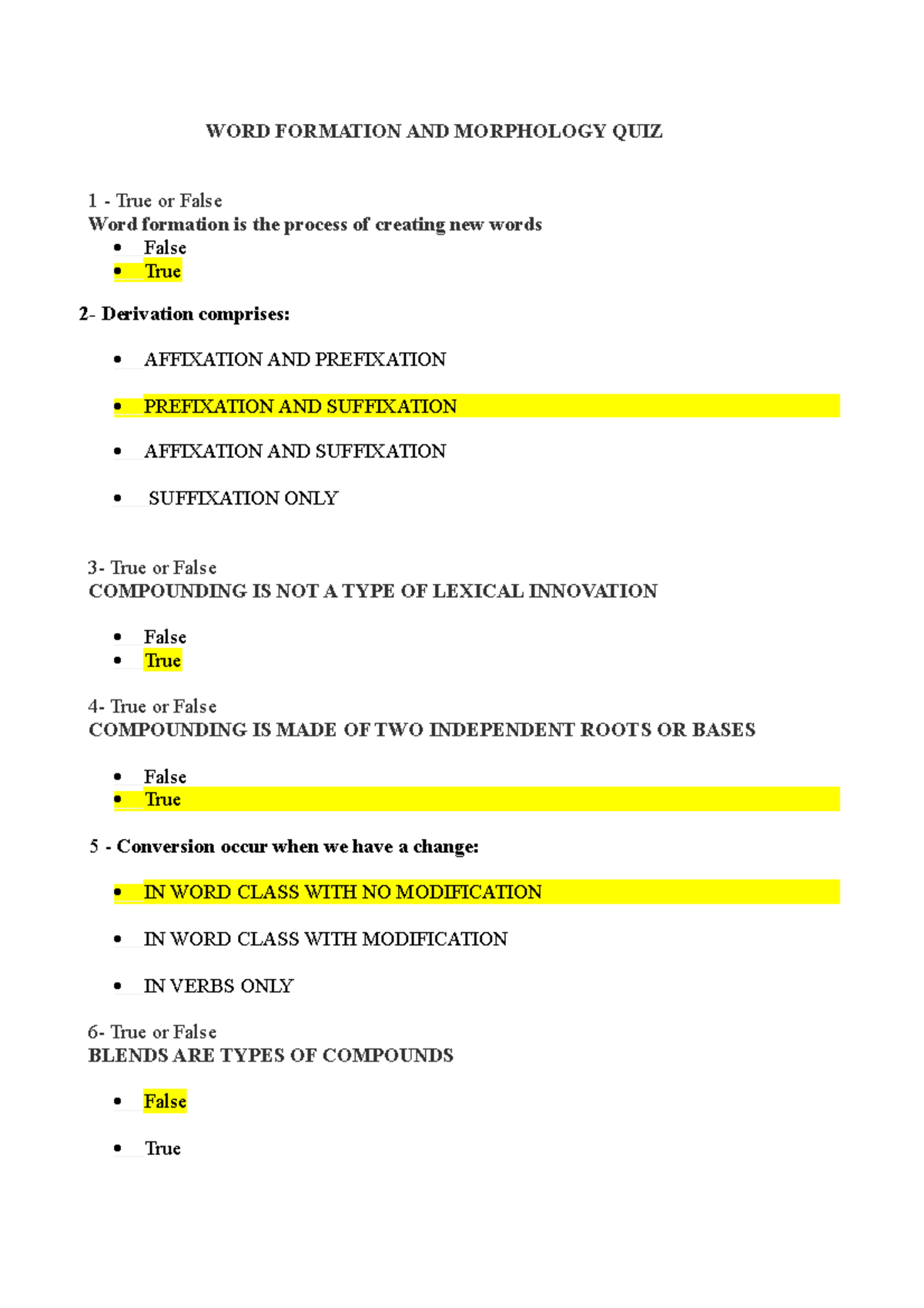 QUIZ: Word Formation and Morphology Concepts and Questions - Studocu