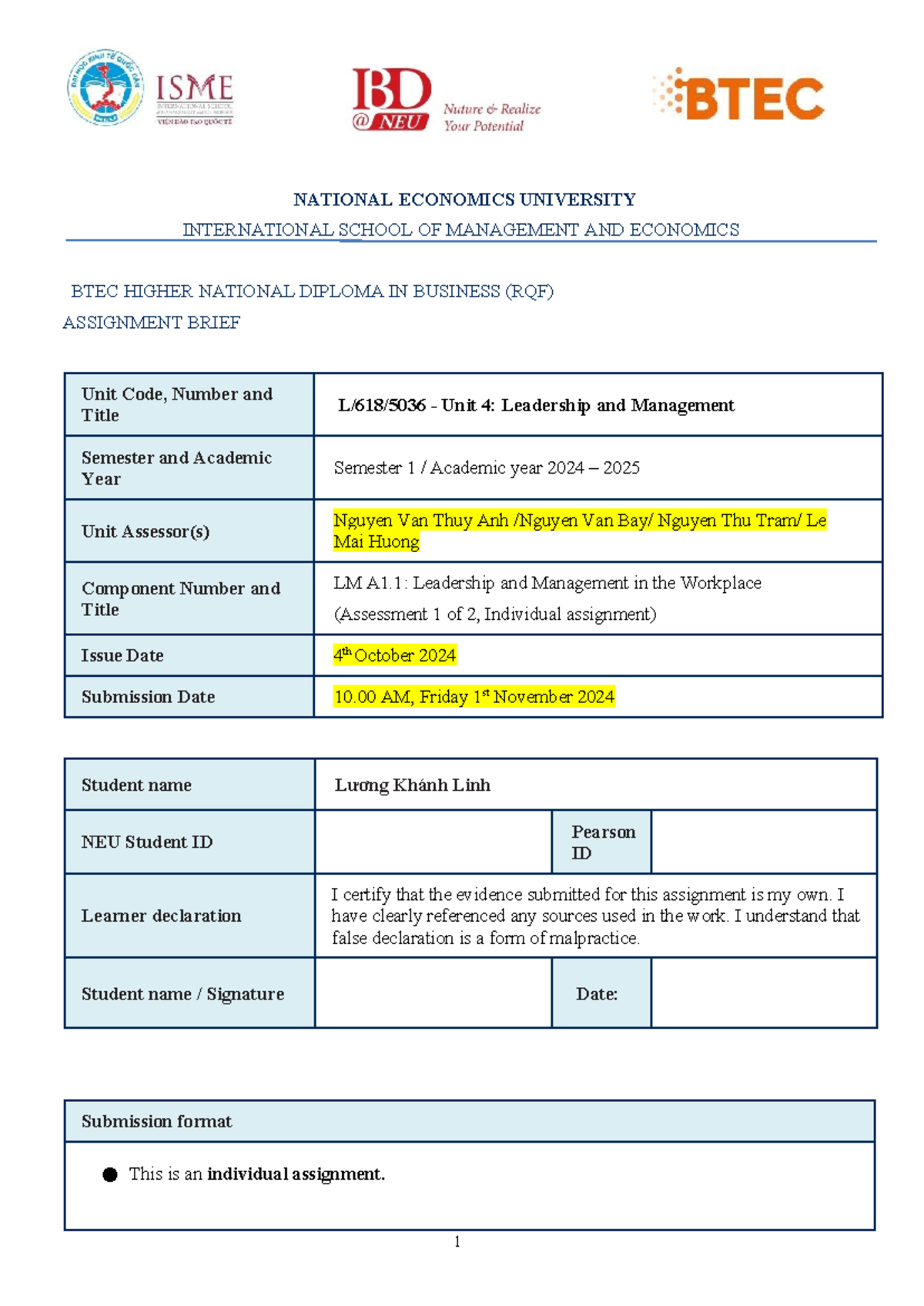 LM A1 Leadership & Management Assignment Brief - 2024 FALL - Studocu