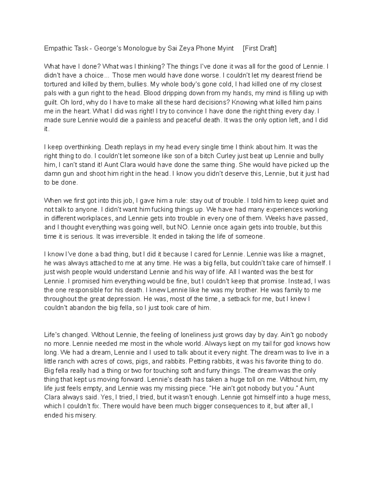 Georges Monologue Analysis: Empathy and Guilt in Of Mice and Men - Studocu