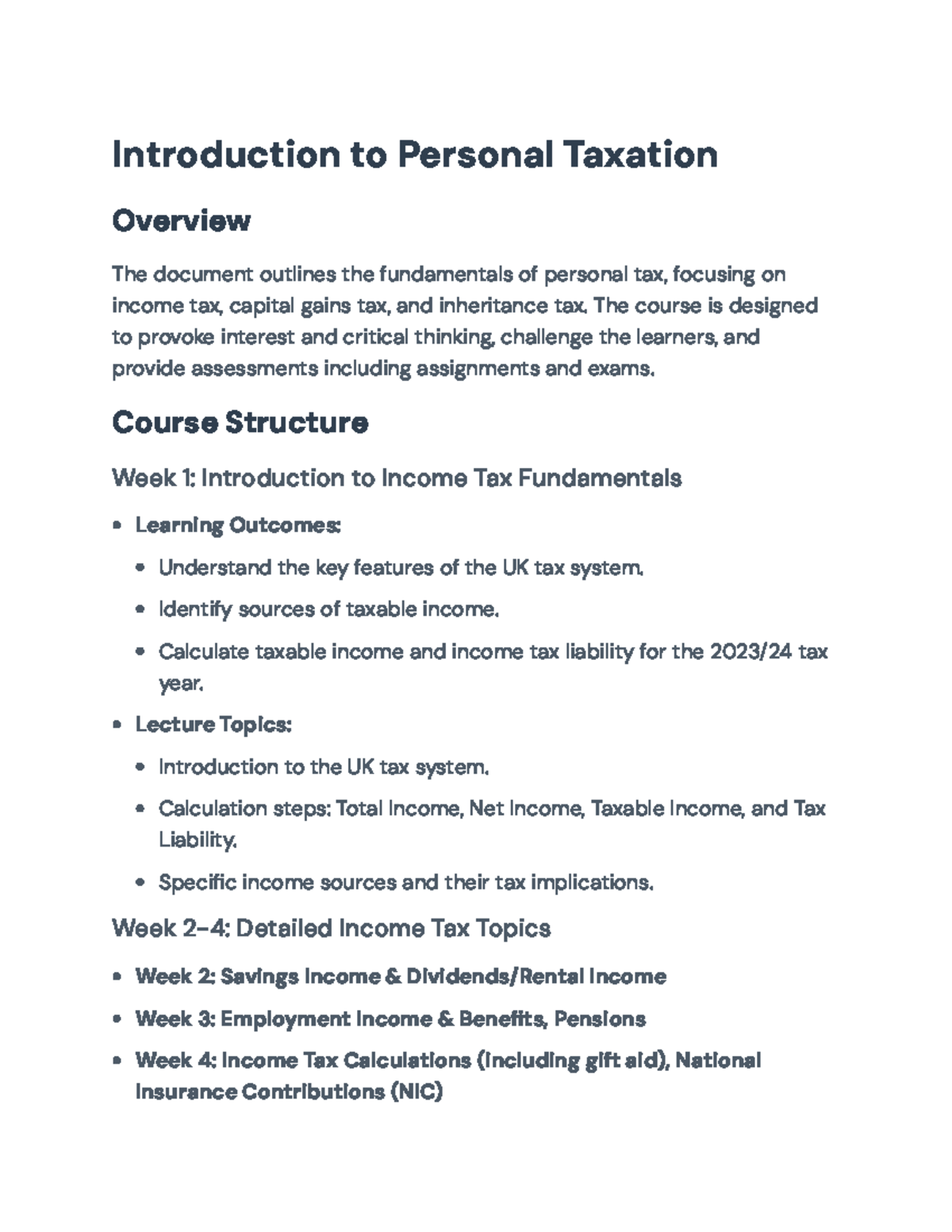 Personal Taxation Fundamentals & Assessment Overview (Course Code: TBD ...