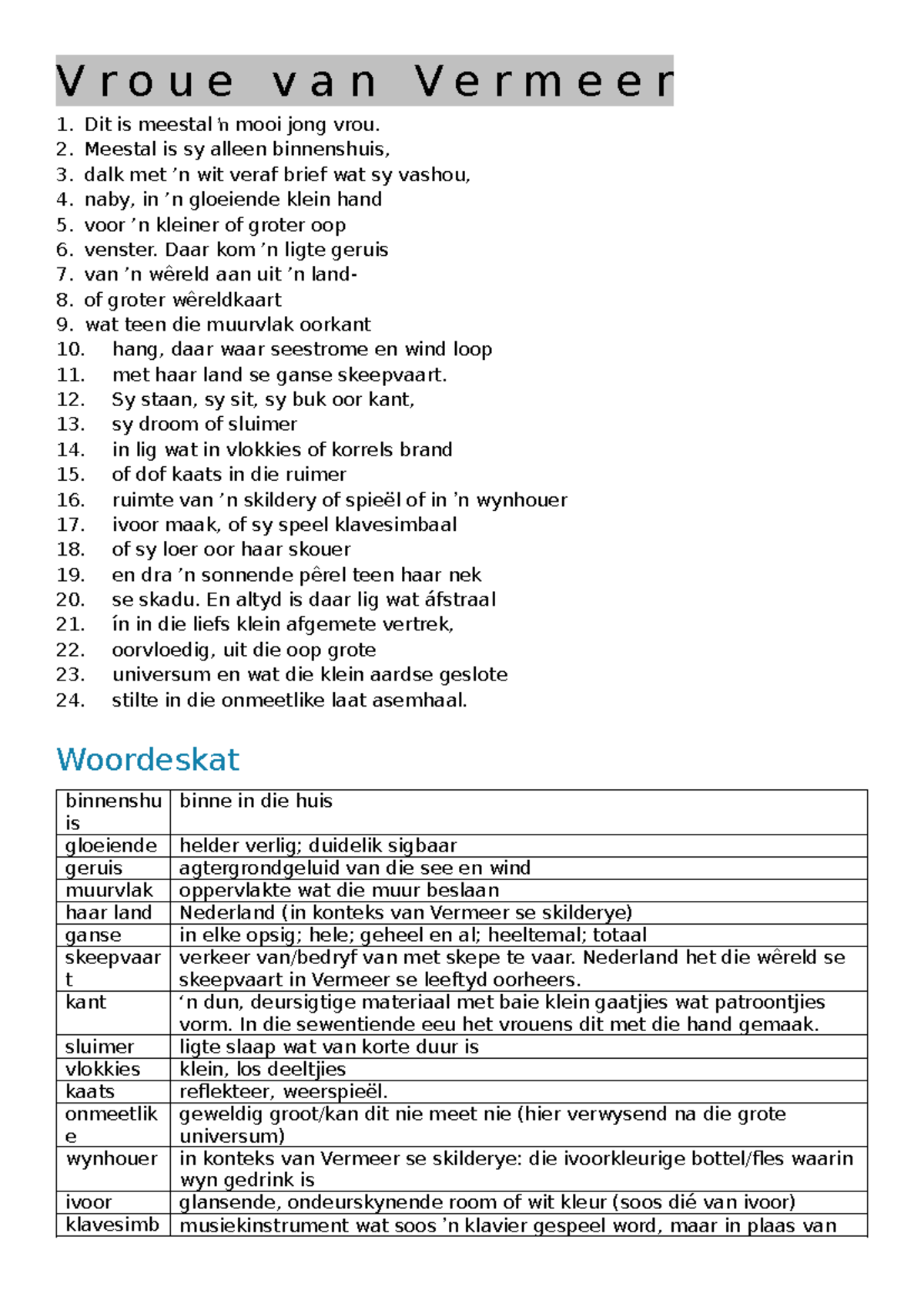 Vroue van Vermeer - Gedigte en Analise vir Eksamen - Studocu