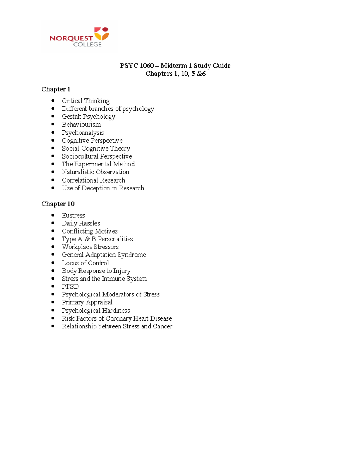 PSYC 1060 Midterm 1 Study Guide: Key Concepts from Chapters 1 & 10 - Studocu