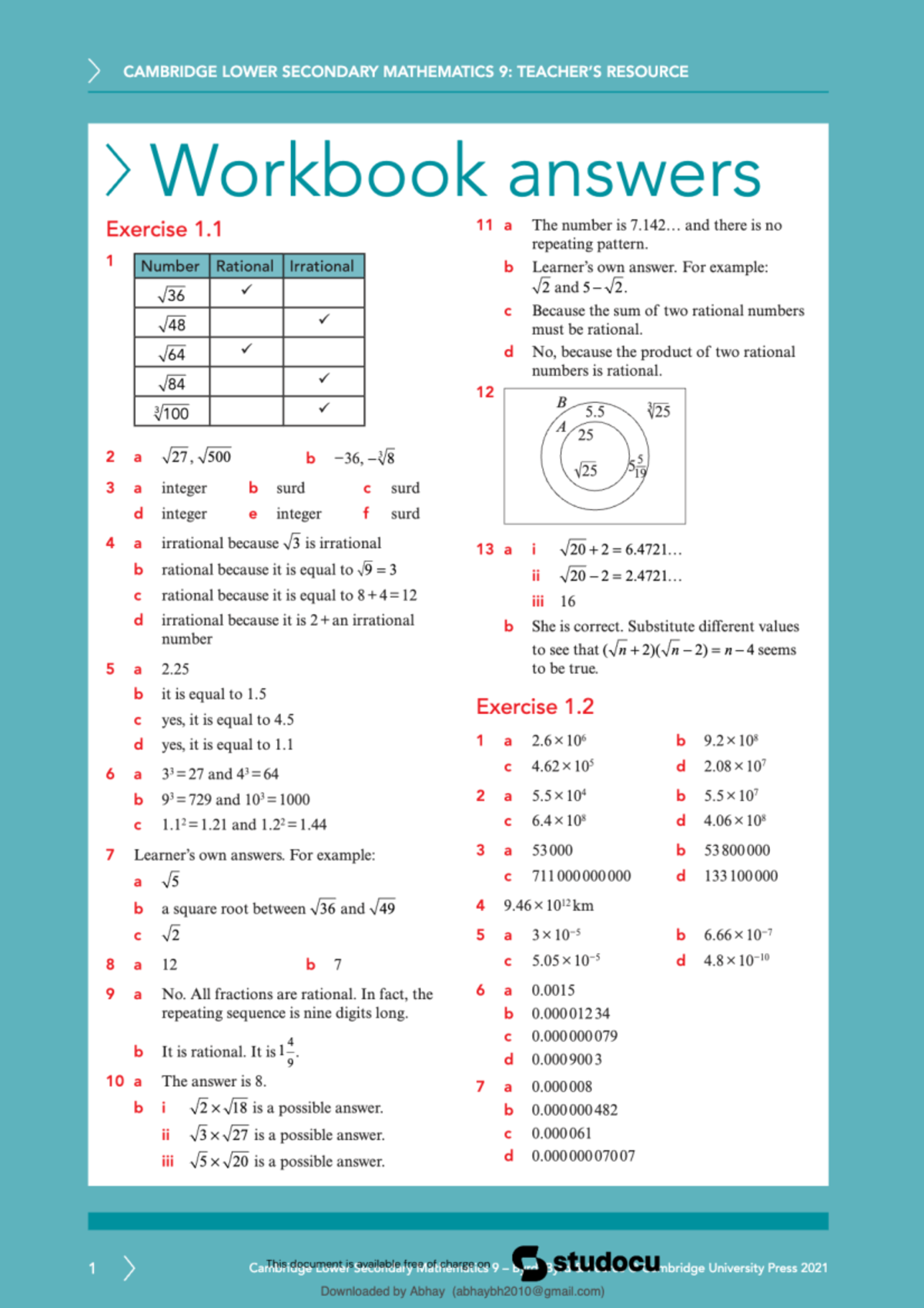 CAMBRIDGE LOWER SECONDARY MATH 9: WORKBOOK ANSWERS 3ED TR - Studocu