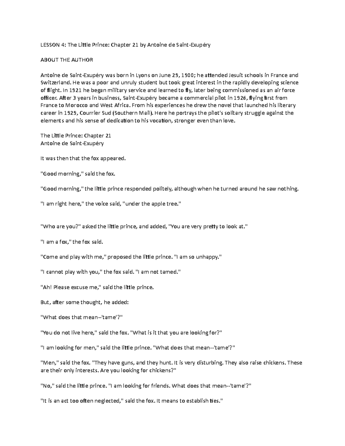 Lesson 4: Analysis of Chapter 21 in The Little Prince - Studocu