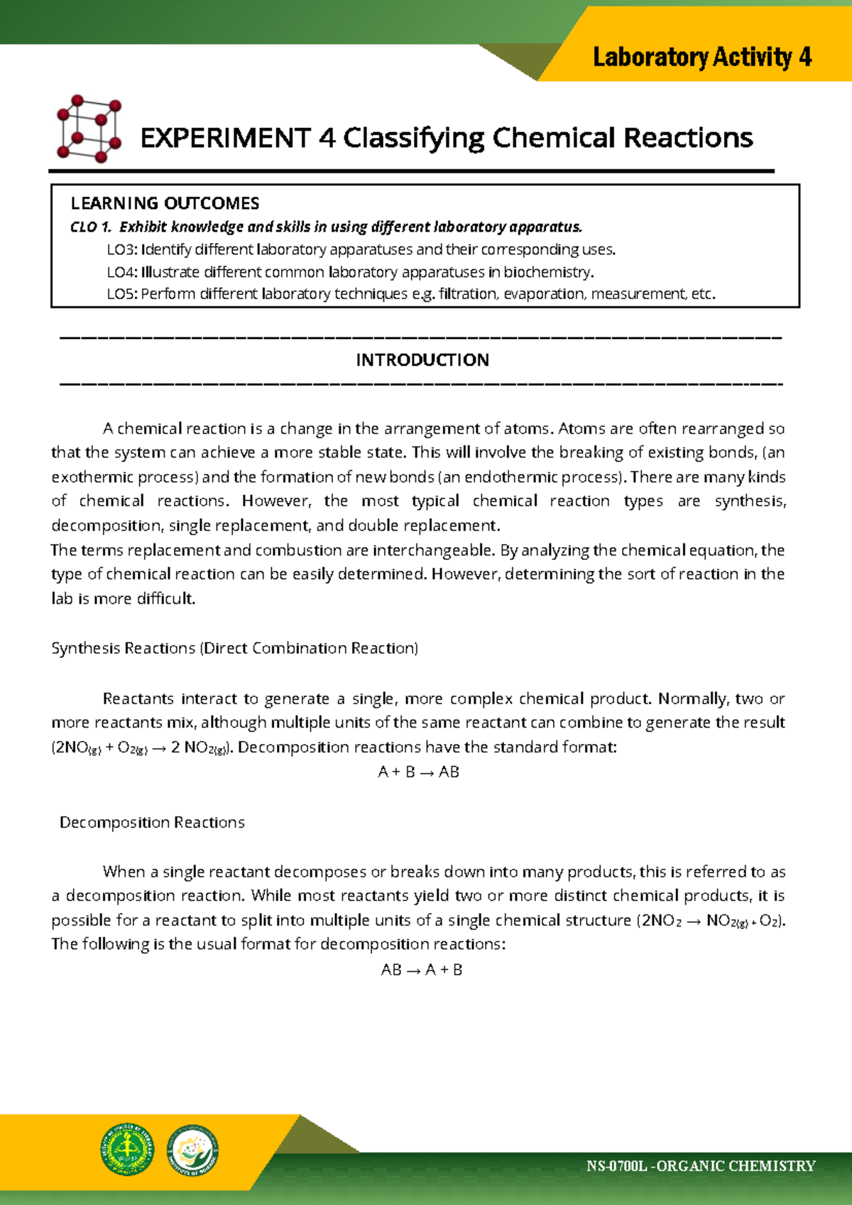 CHEMISTRY Lab Activity 4: Types of Chemical Reactions and Observations ...