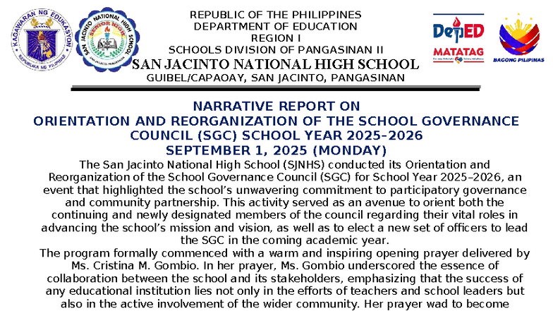 Narrative Report on SGC Orientation & Reorganization (SY 2025) - Studocu