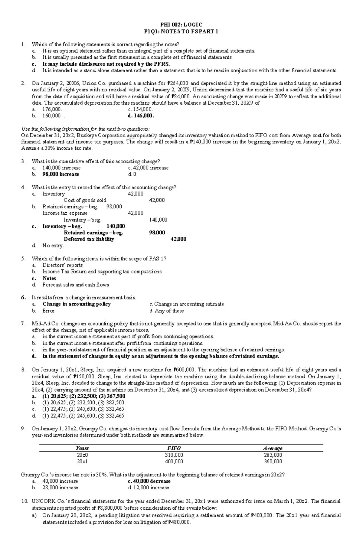 PHI 002: Logic Quiz 1 Notes and Answers for Financial Statements - Studocu