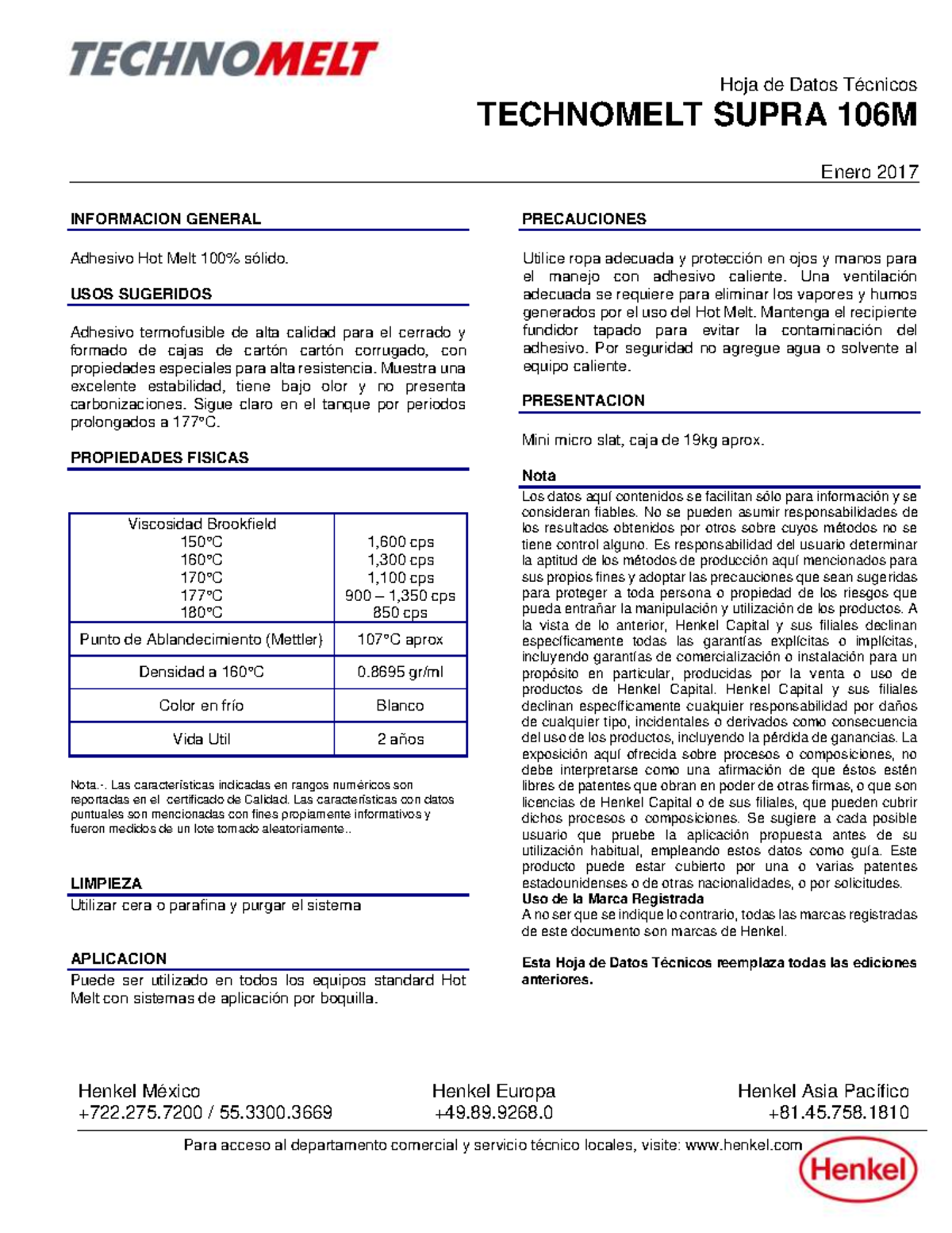 Ficha Técnica de Adhesivo Hot Melt Technomelt Supra 106M - Henkel - Studocu