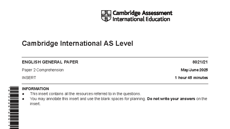 Cambridge International AS Level ENGLISH GENERAL PAPER 2025 Paper 2 ...