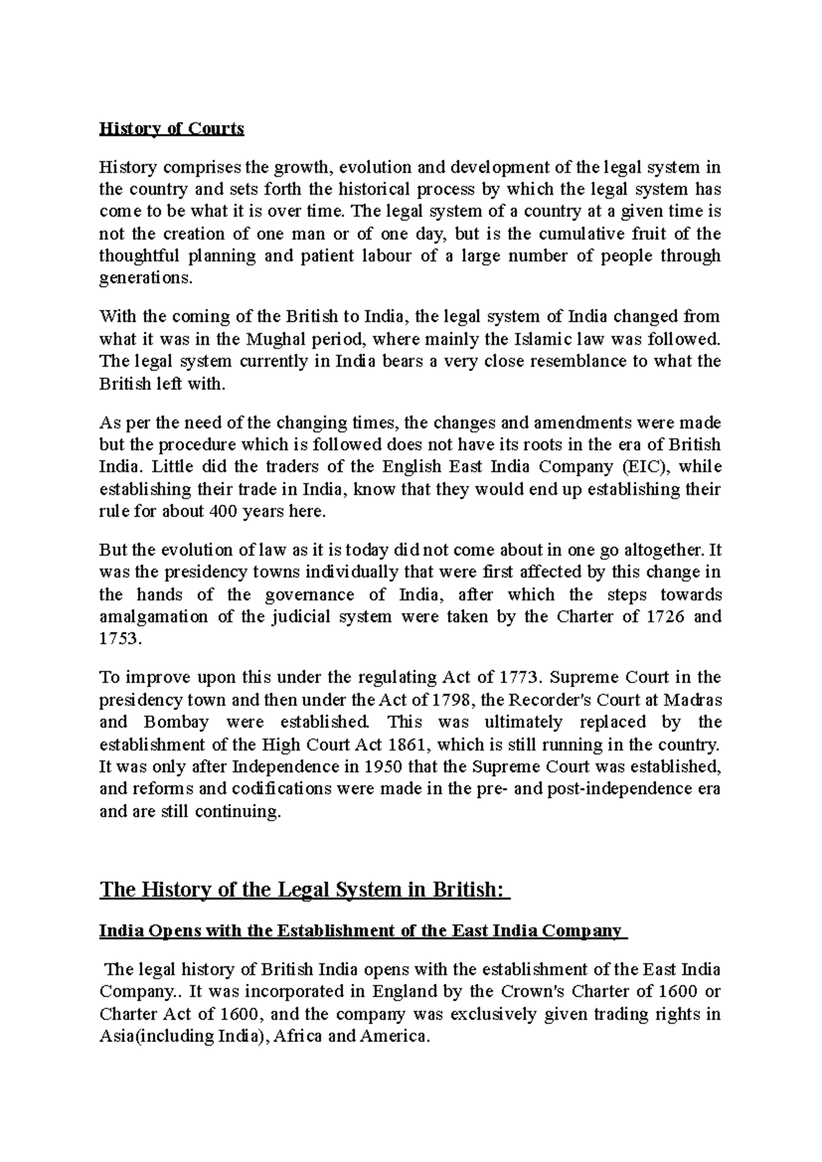 History of Courts: Evolution of India's Legal System - Studocu