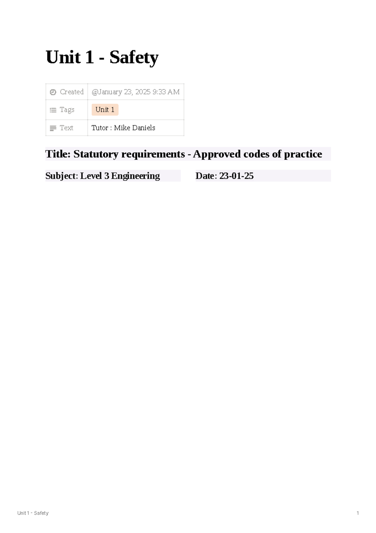 Unit 1 H+S lecture notes: Understanding safety regulations in ...