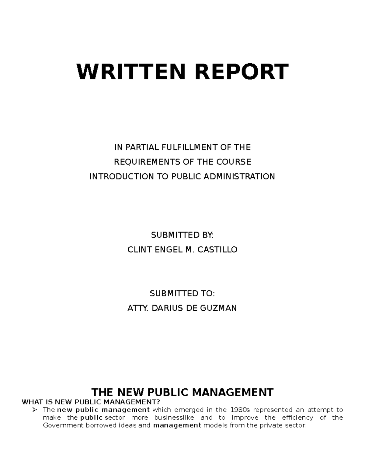 Written Report - INTRODUCTION TO PUBLIC ADMINISTRATION - WRITTEN REPORT ...