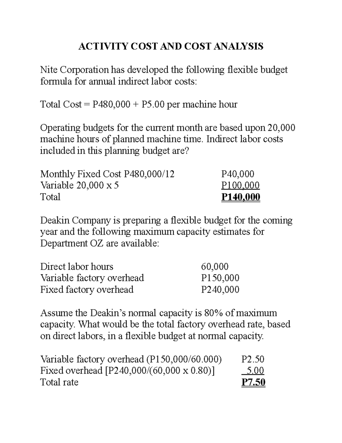 Activity COST AND COST Analysis - ACTIVITY COST AND COST ANALYSIS Nite ...