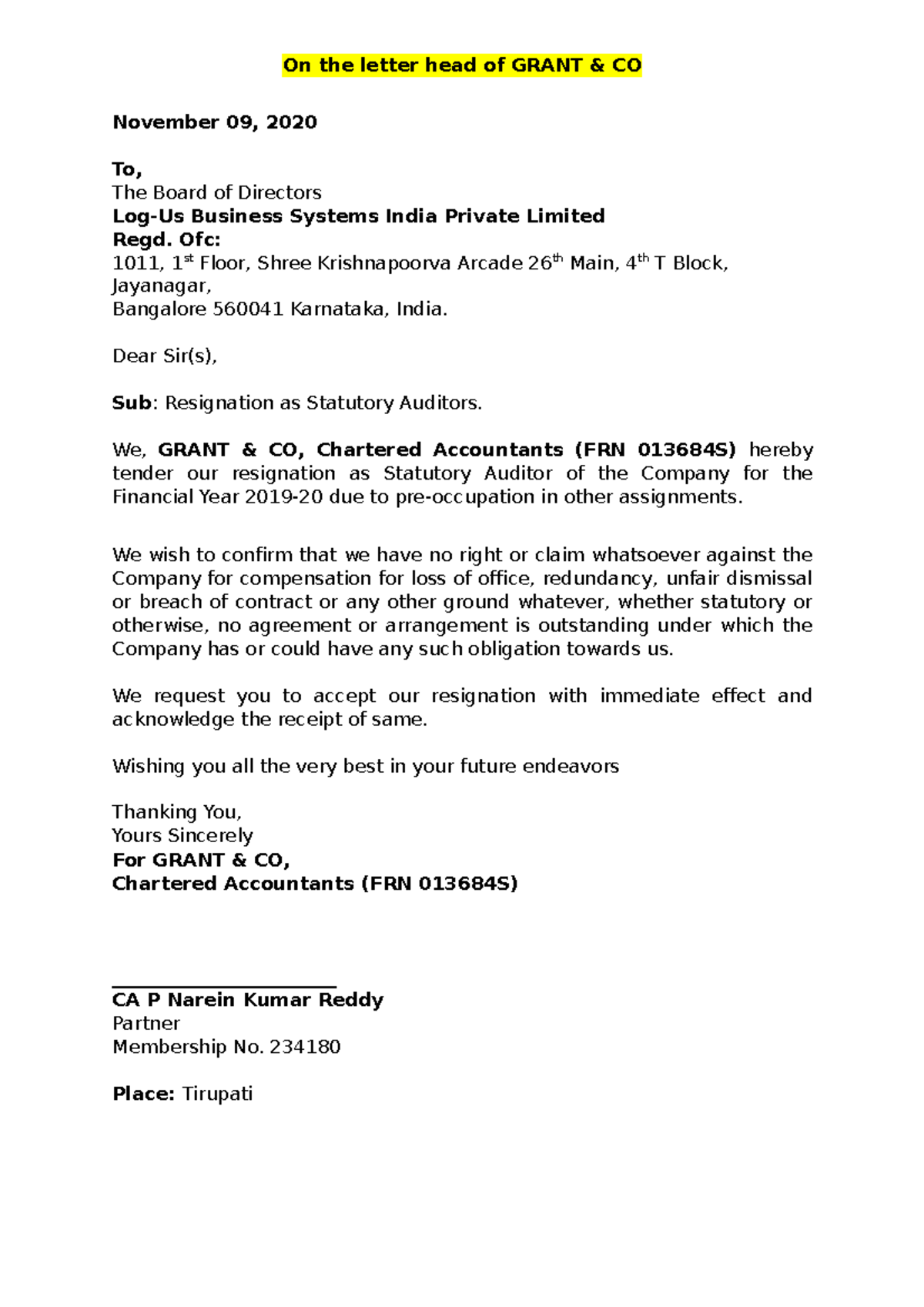 Resignation Letter of Auditor (Statutory) - GRANT & CO - Studocu