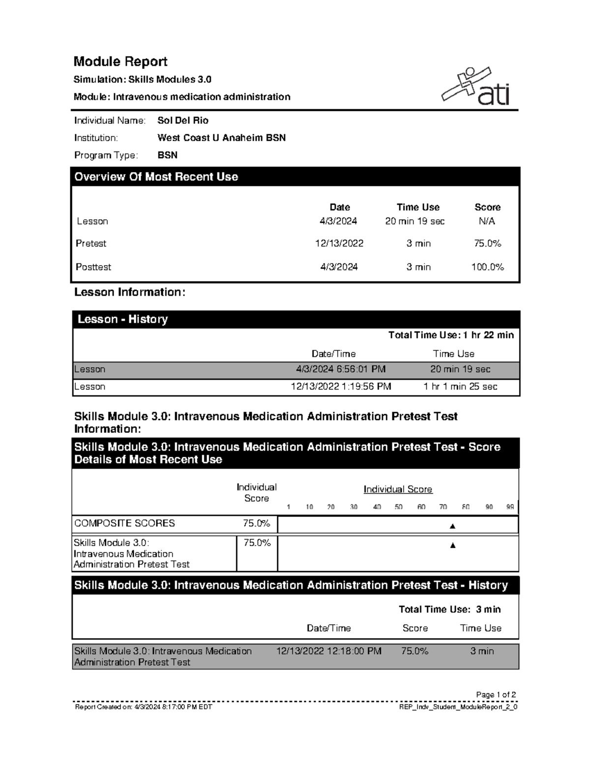 IV med admin - ati results - Module Report Simulation: Skills Modules 3 ...