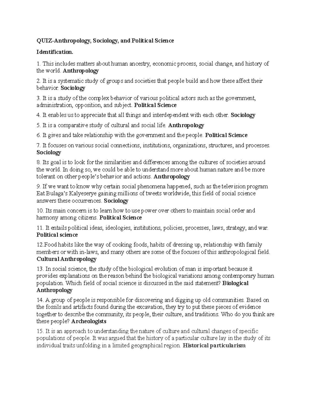 QUIZ-UCSP - Quiz on Anthropology, Sociology & Political Science - Studocu