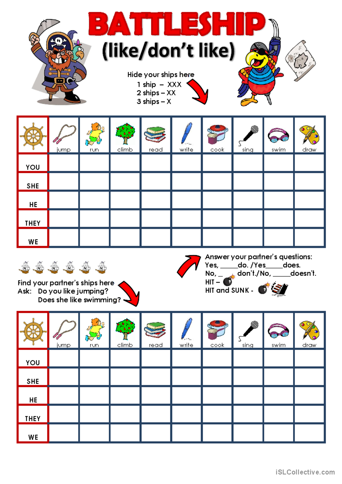Battleships Simple Present Yes No Questions - jump run climb read write ...