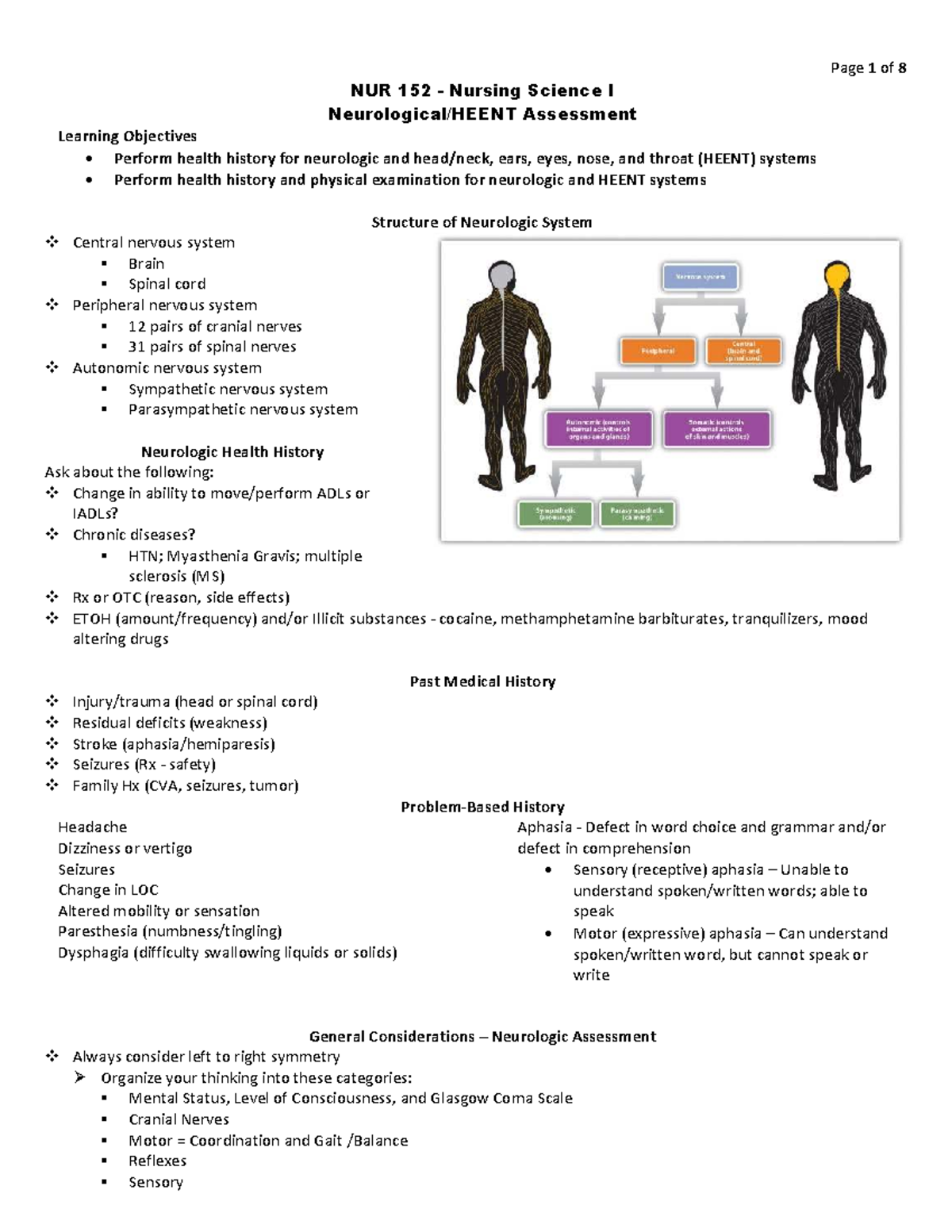 NUR 152 - Comprehensive Guide to Neurological and HEENT Assessment ...