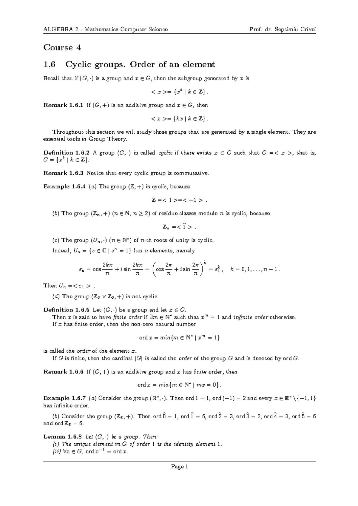 ALGEBRA 2 Course 04 - Cyclic Groups and Element Order Notes - Studocu