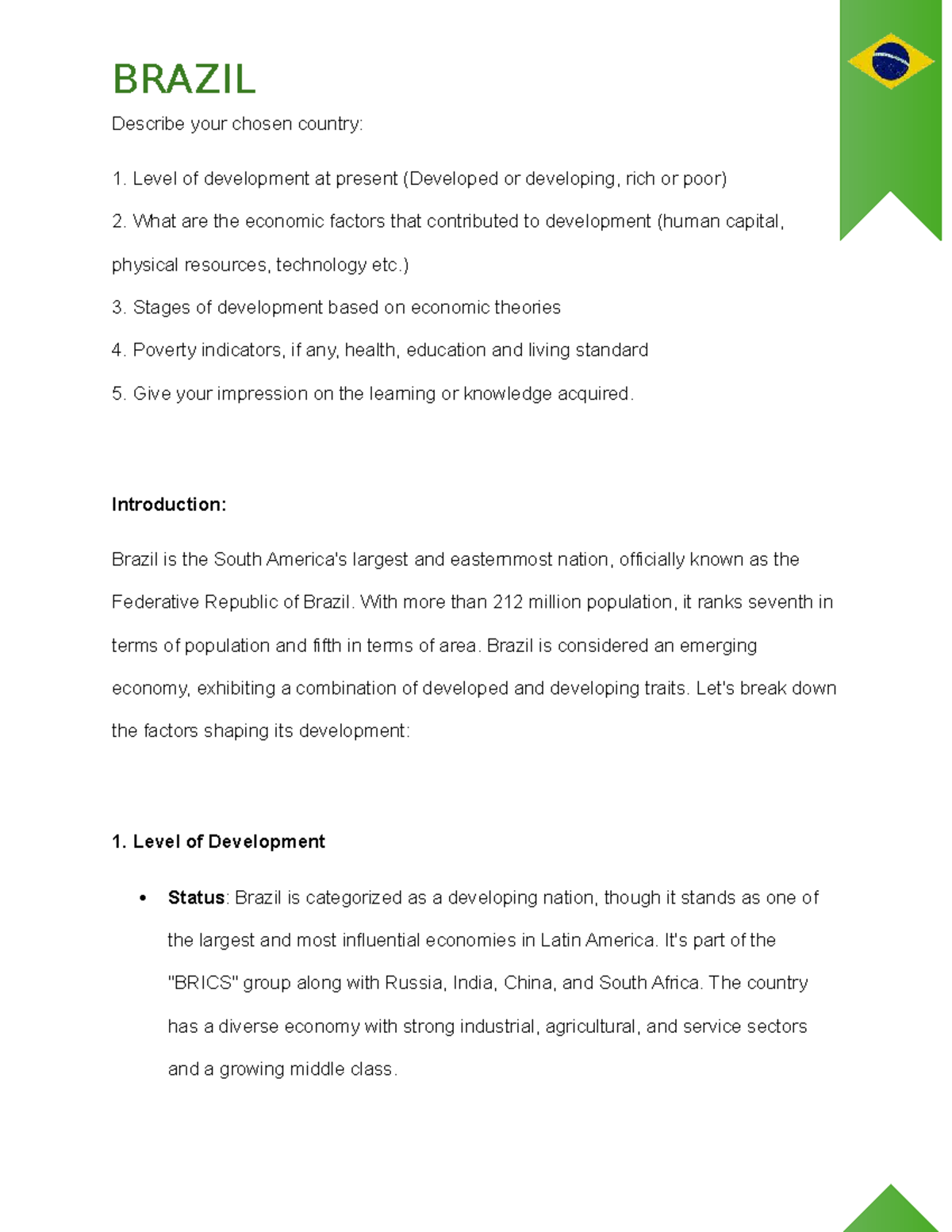BRAZIL: Analyzing Development Status and Economic Factors - Studocu