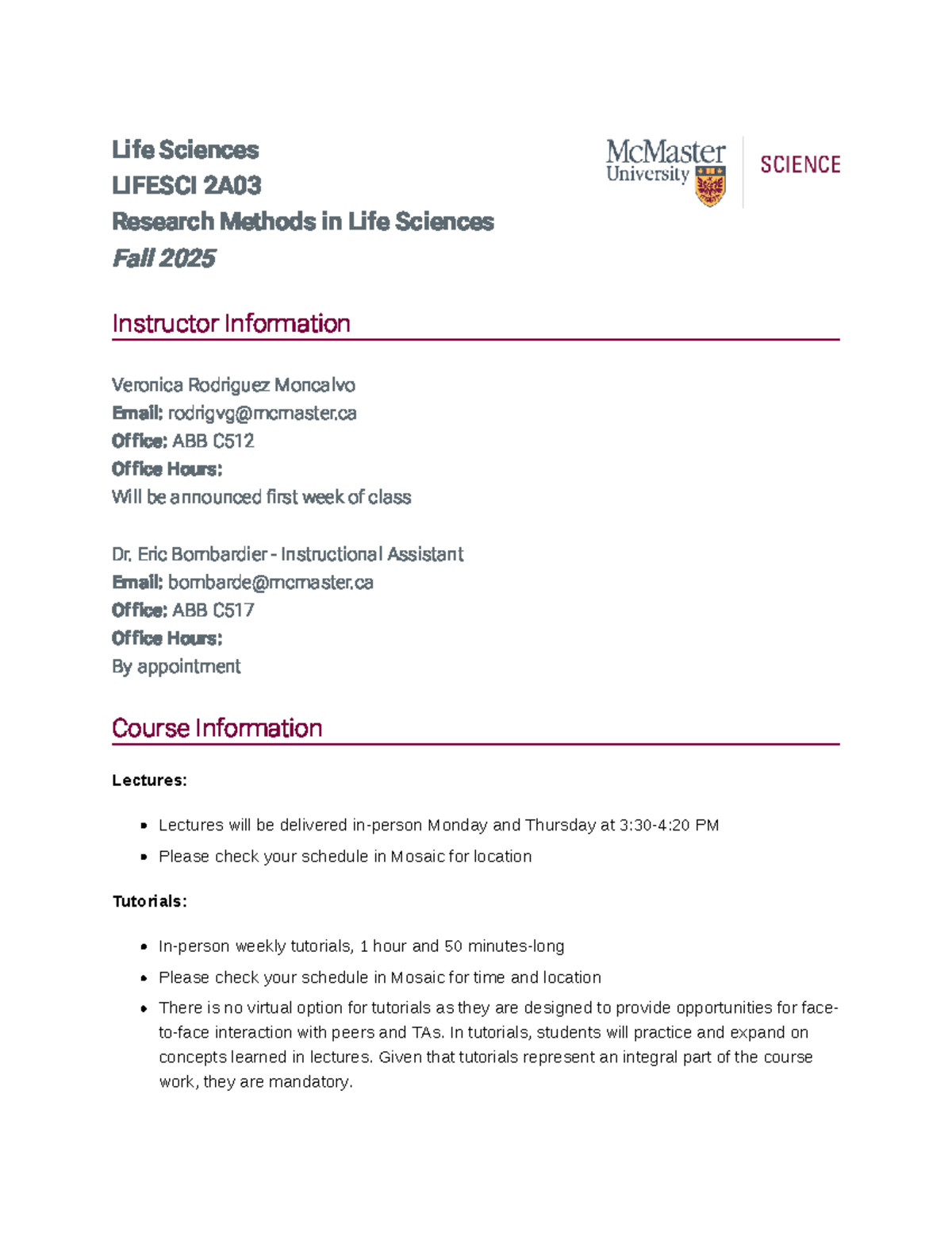 LIFESCI 2A03 Fall 2025 Course Outline: Research Methods in Life ...