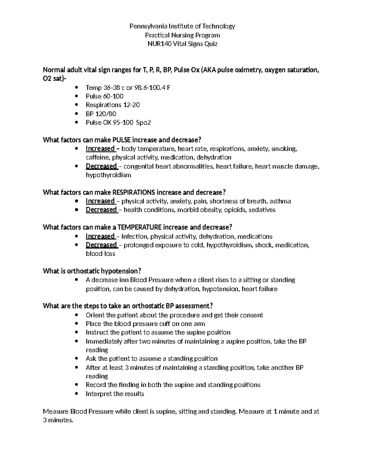NUR140 Vital Signs Quiz Review - Normal Ranges & Assessment Techniques ...