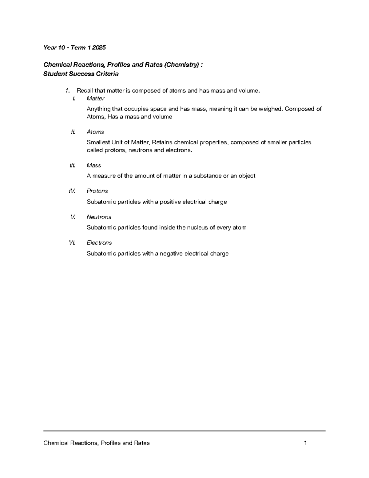 Year 10 Term 1 2025 Chemistry: Chemical Reactions & Rates Study Guide ...