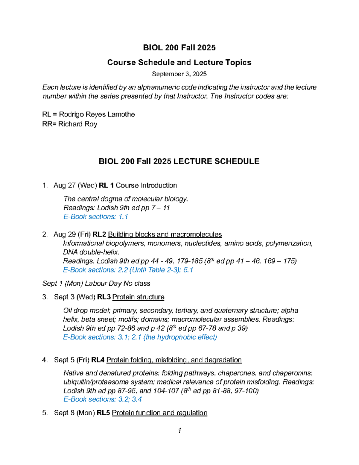 BIOL 200 Fall 2025 Lecture Schedule and Course Overview - Studocu