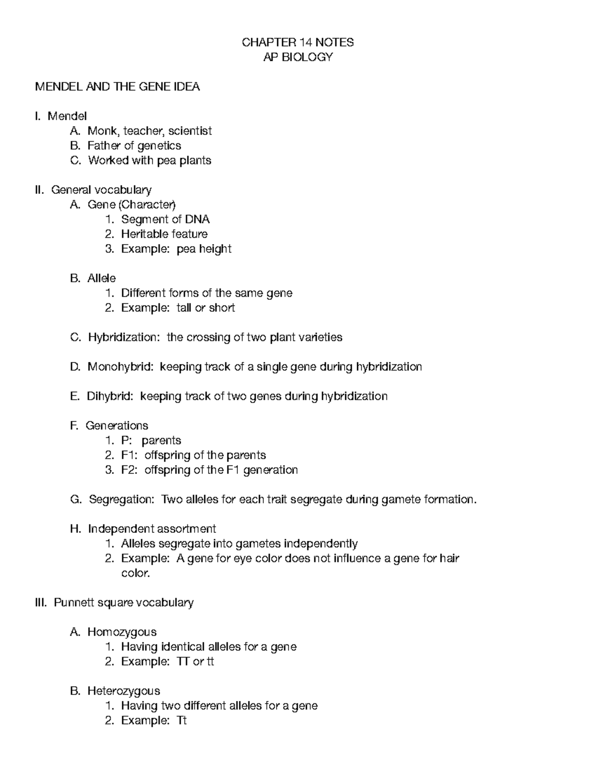 AP BIO Chapter 14 Notes: Mendel and the Gene Idea Overview - Studocu
