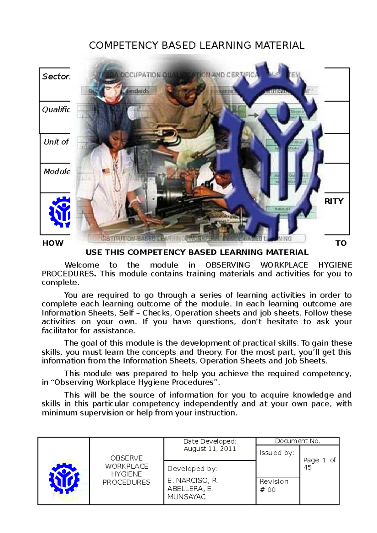 Observing Workplace Hygiene Procedures (TRS) - Competency Module - Studocu