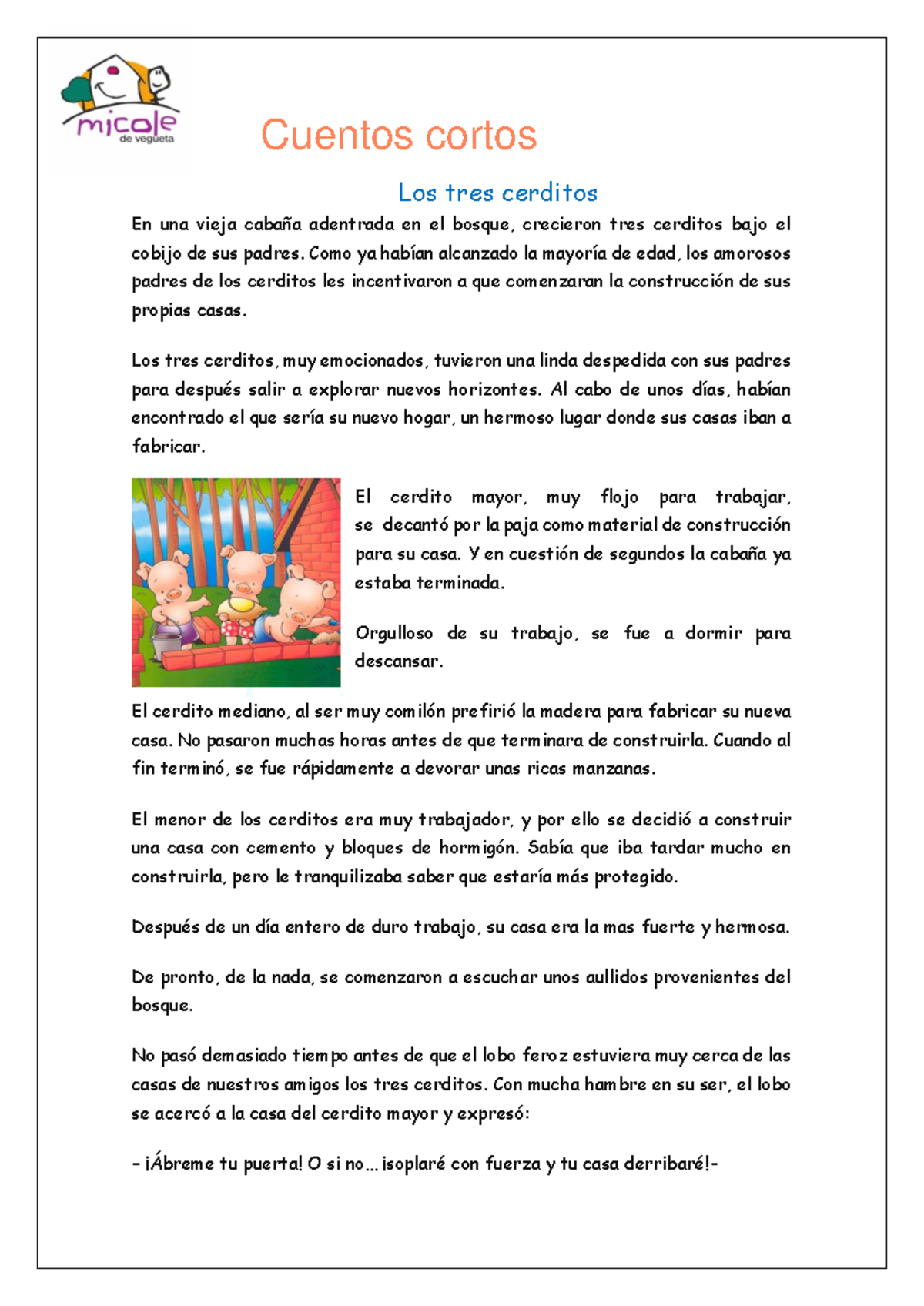 Resumen de "Los tres cerditos" - Cuento infantil en Español - Studocu