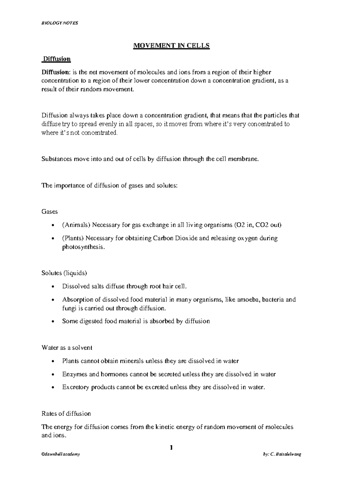 BIO 101 Lecture Notes: Movement in Cells - Diffusion & Osmosis Overview ...