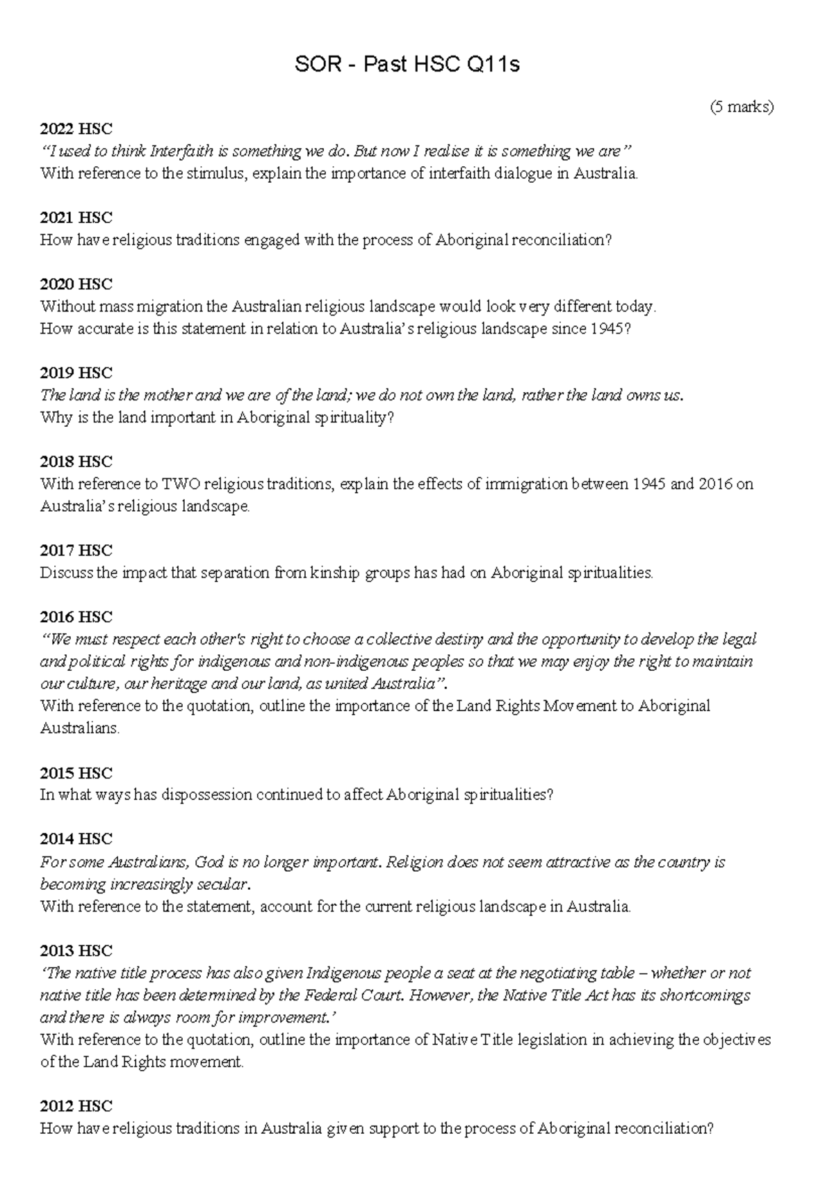 SOR - Past HSC Questions on Interfaith & Aboriginal Spirituality - Studocu