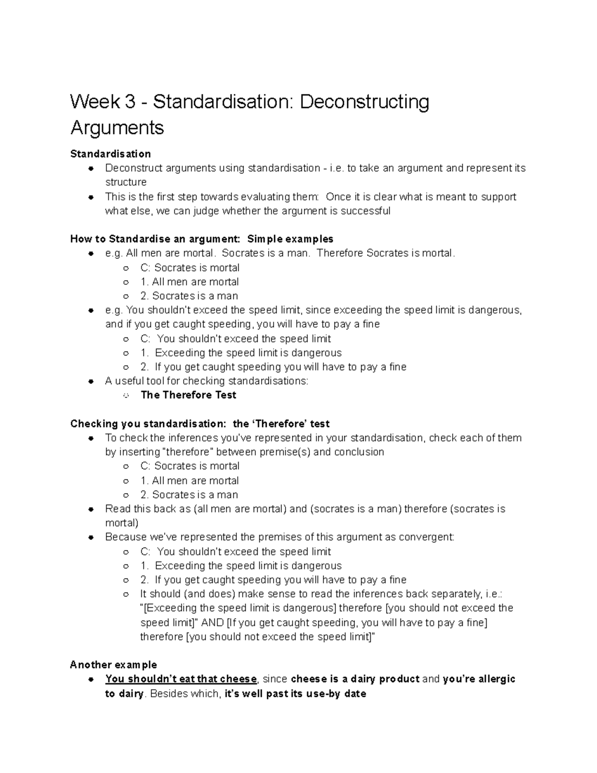 Week 3 - 1PHIL - Lecture Notes on Standardisation and Argumentation ...