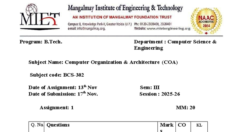 COA Assignment 1: Key Concepts in Computer Organization Architecture ...