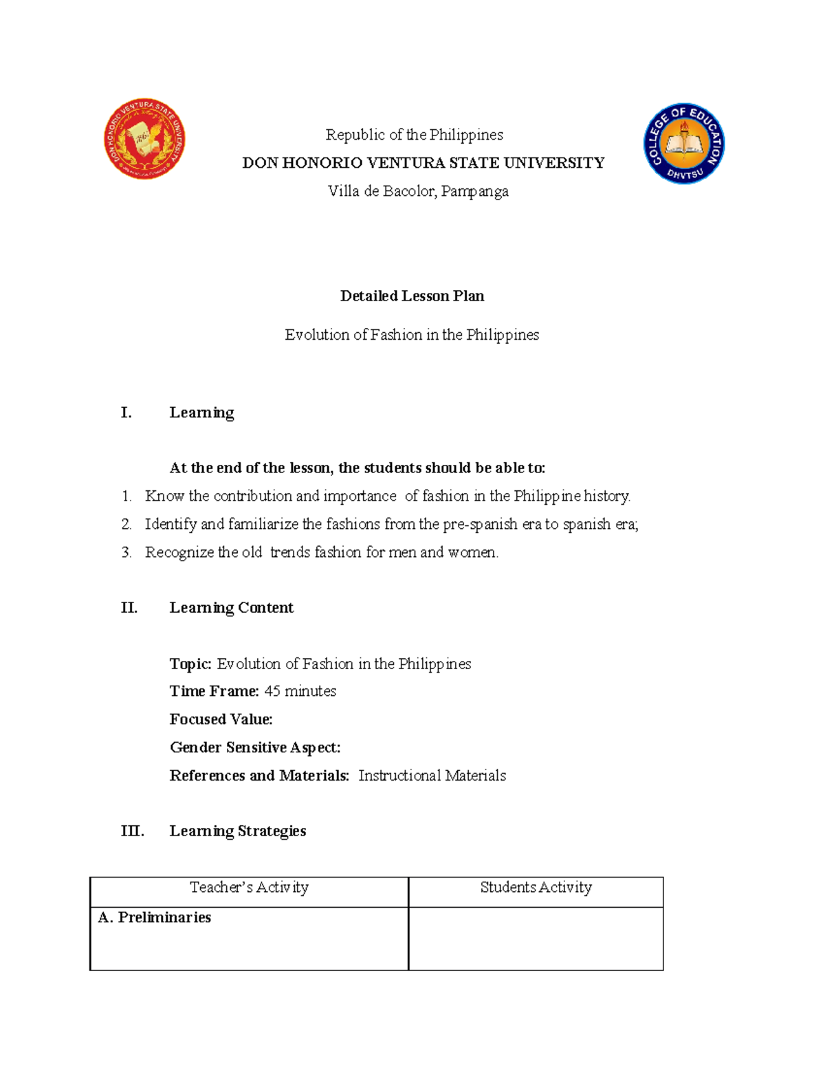 Julia Cristel Ibay Detailed Lesson Plan - Republic of the Philippines DON HONORIO VENTURA STATE ...