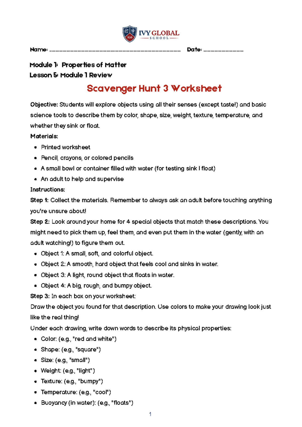 Module 1: Properties of Matter - Scavenger Hunt 3 Worksheet - Studocu