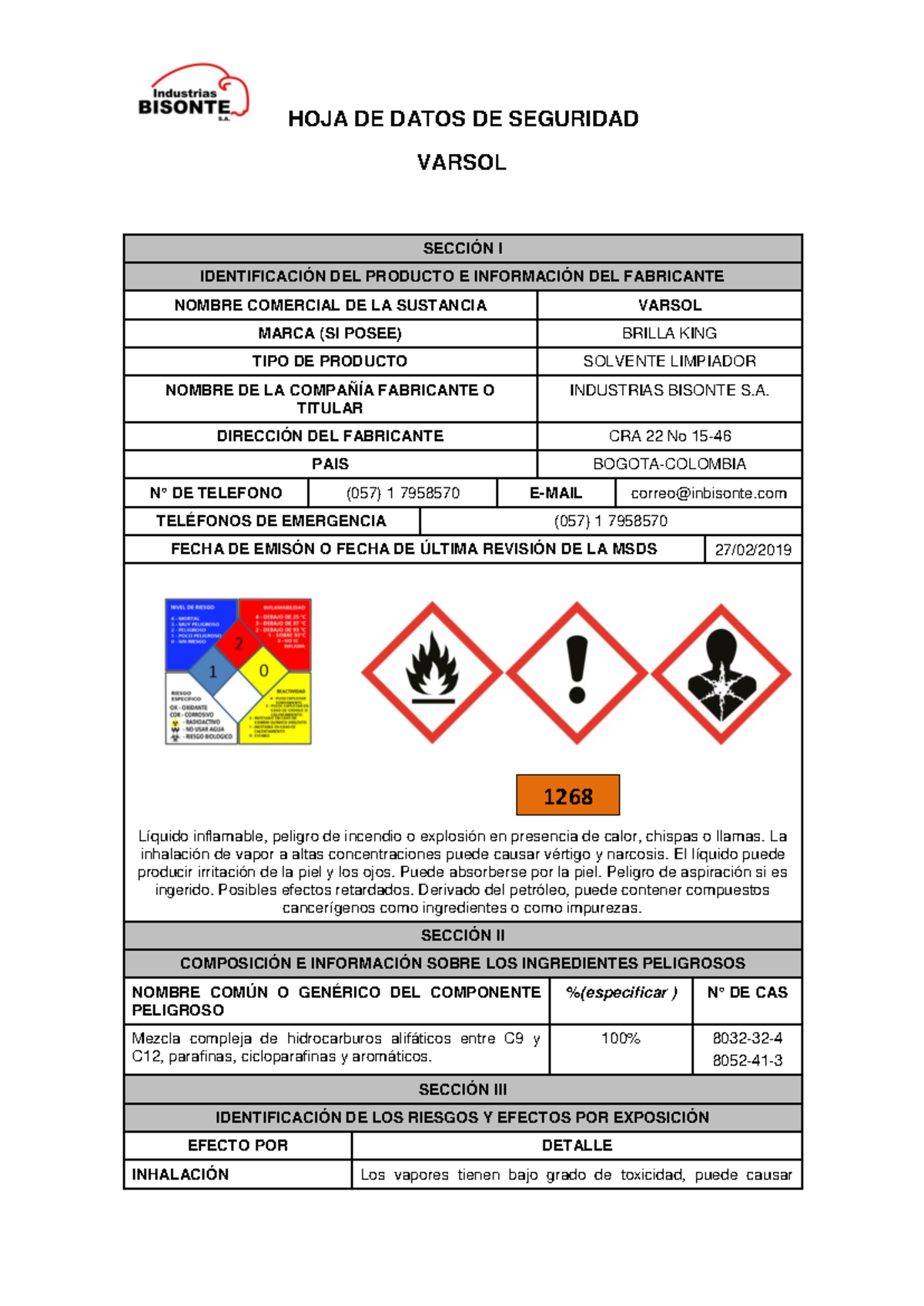 Hoja de Datos de Seguridad: Varsol (MSDS) - Studocu